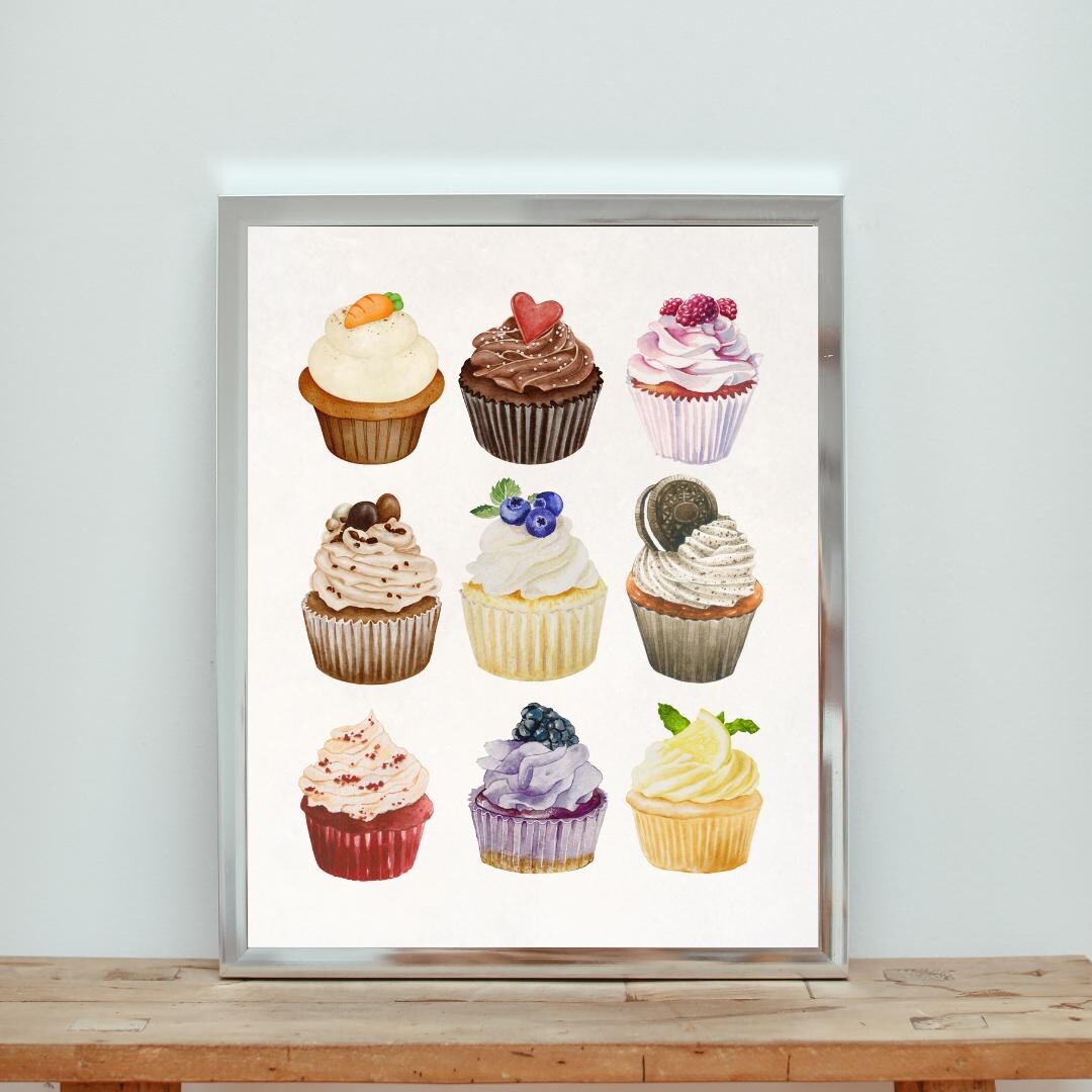 Cupcake Clipart Digital Print, Watercolor Cupcake Wall Art, Bakery Sign ...