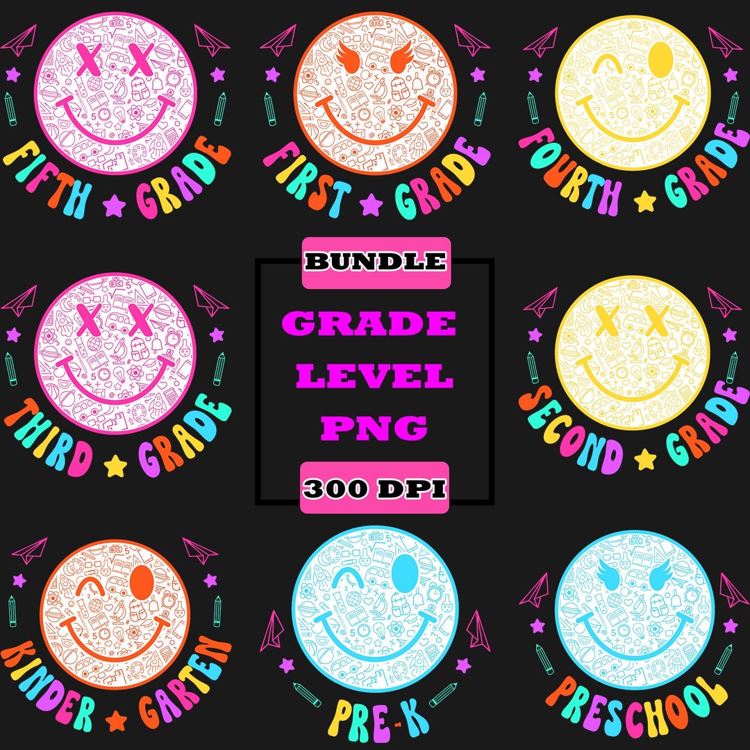 Smiley Back to School PNG Bundle, Hello Pre-k 1st 2nd 3rd 4th 5th Grade ...