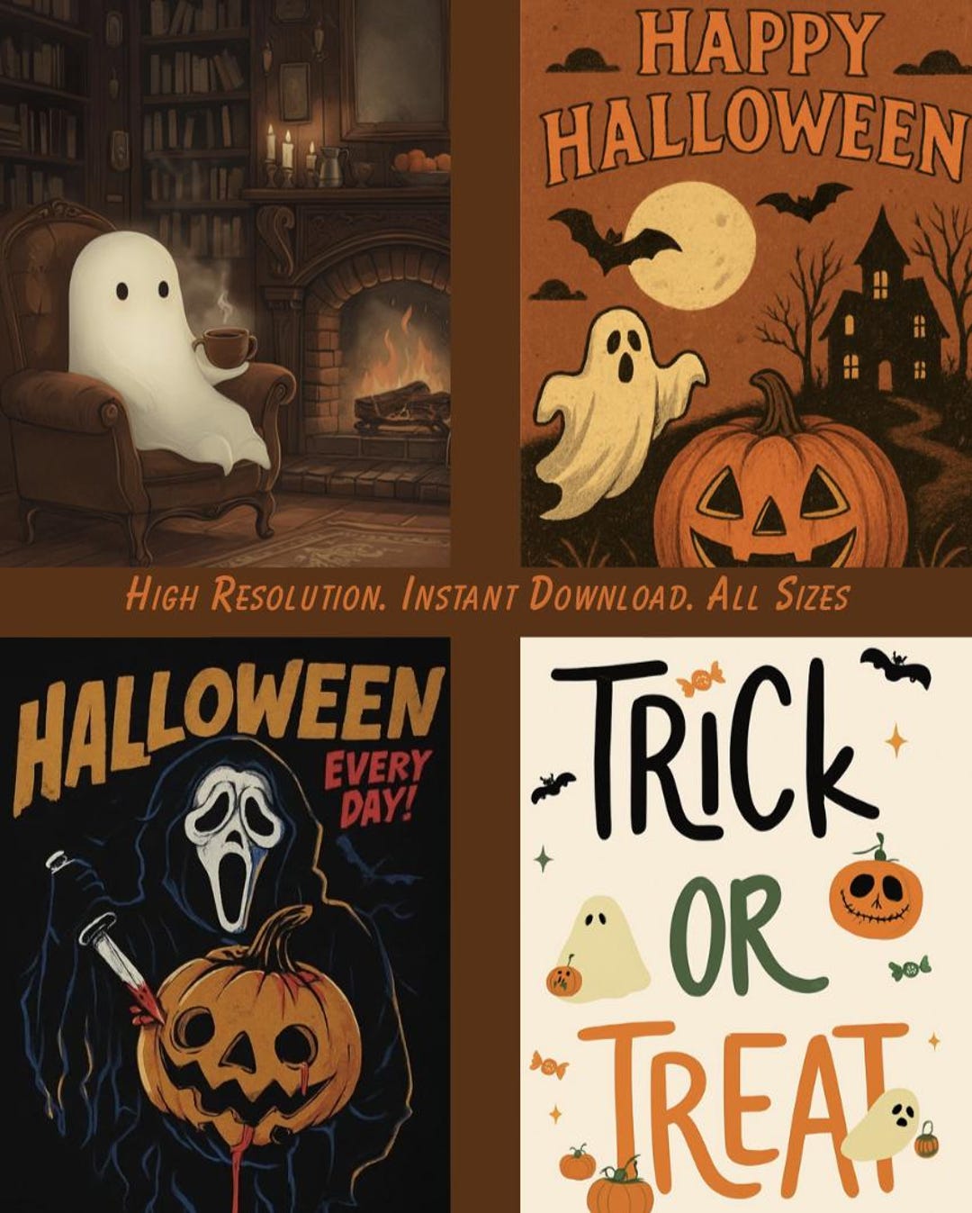 Vintage Halloween Poster Set: Spooky Ghost & Pumpkin Printable Art ...