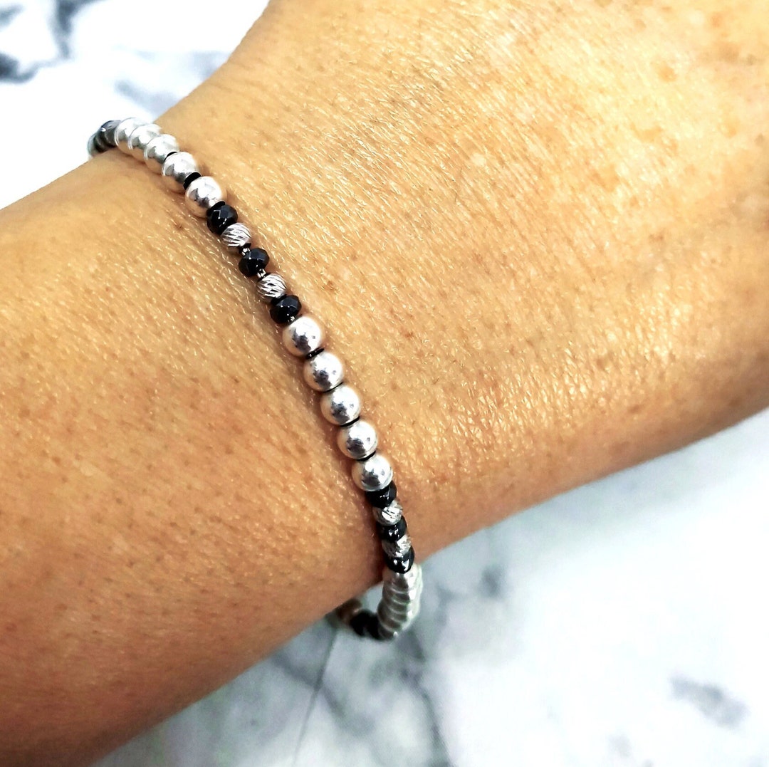 Black Hematite Cube Silver Bead Bracelet, Black Hematite Bracelet ...