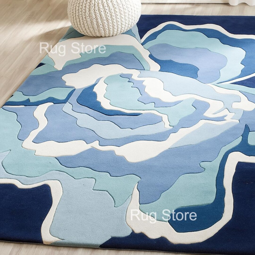 Blue Abstract Floral Area Rug – Modern Hand-tufted Carpet for Living ...