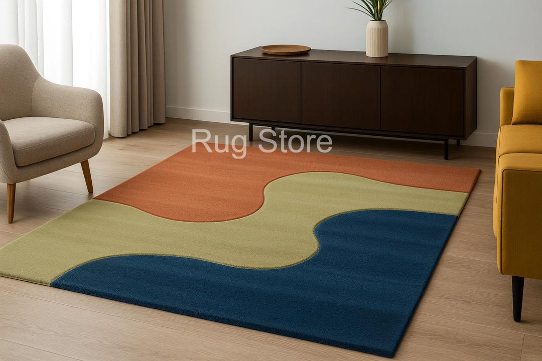 Modern Curved Colorblock Tufted Rug- Terracotta Olive Navy - Etsy