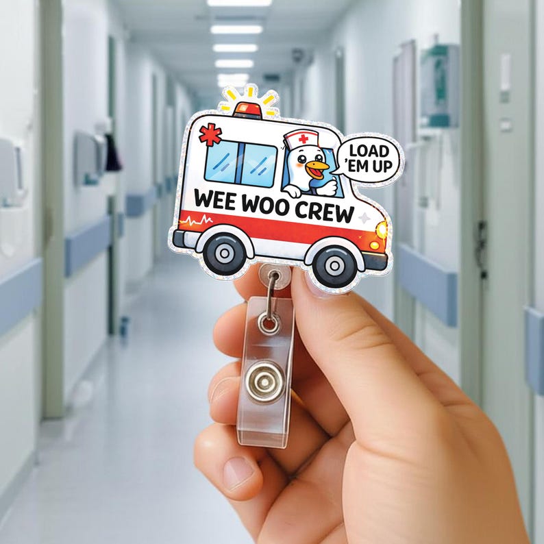 Wee Woo Crew Ambulance Goose Badge Reel | Funny Nurse & EMT Retractable ...