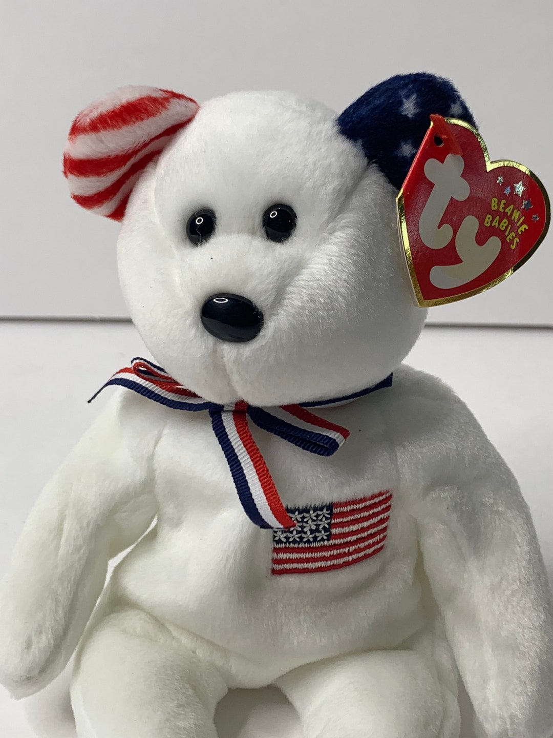 Ty America the Bear Beanie Babies Plush Bear White W/ Blue Left Ear W ...