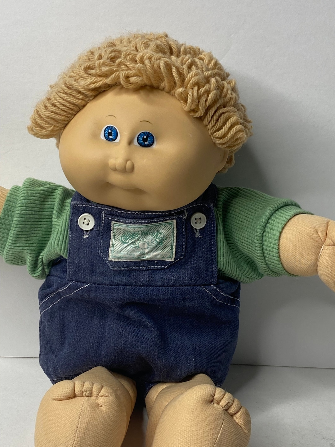 Cabbage Patch Kids Boy Doll W/ Jeans Overalls Blond Hair Blue Eyes 16" Tall 1982 Stuffed Toy ...