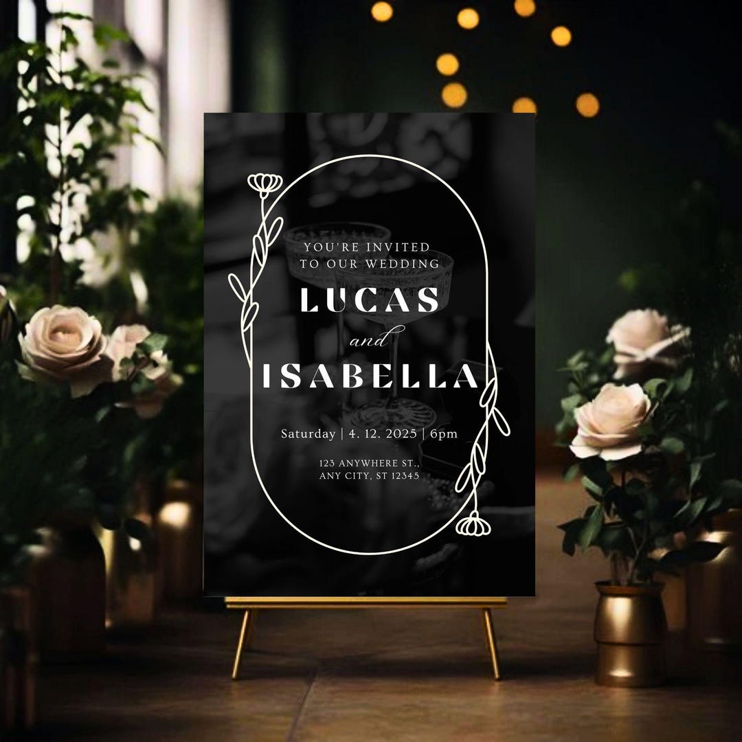 Black Modern Wedding Invitation Template | Oval Floral Frame | Elegant ...