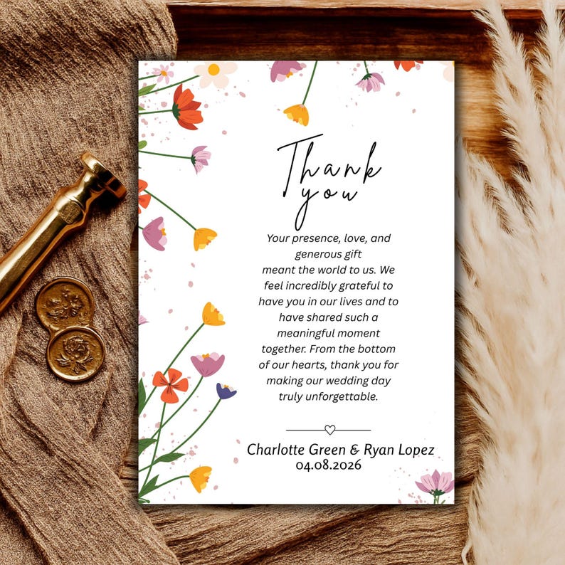 Floral Wedding Thank You Card Template | Hand-drawn Wildflowers ...