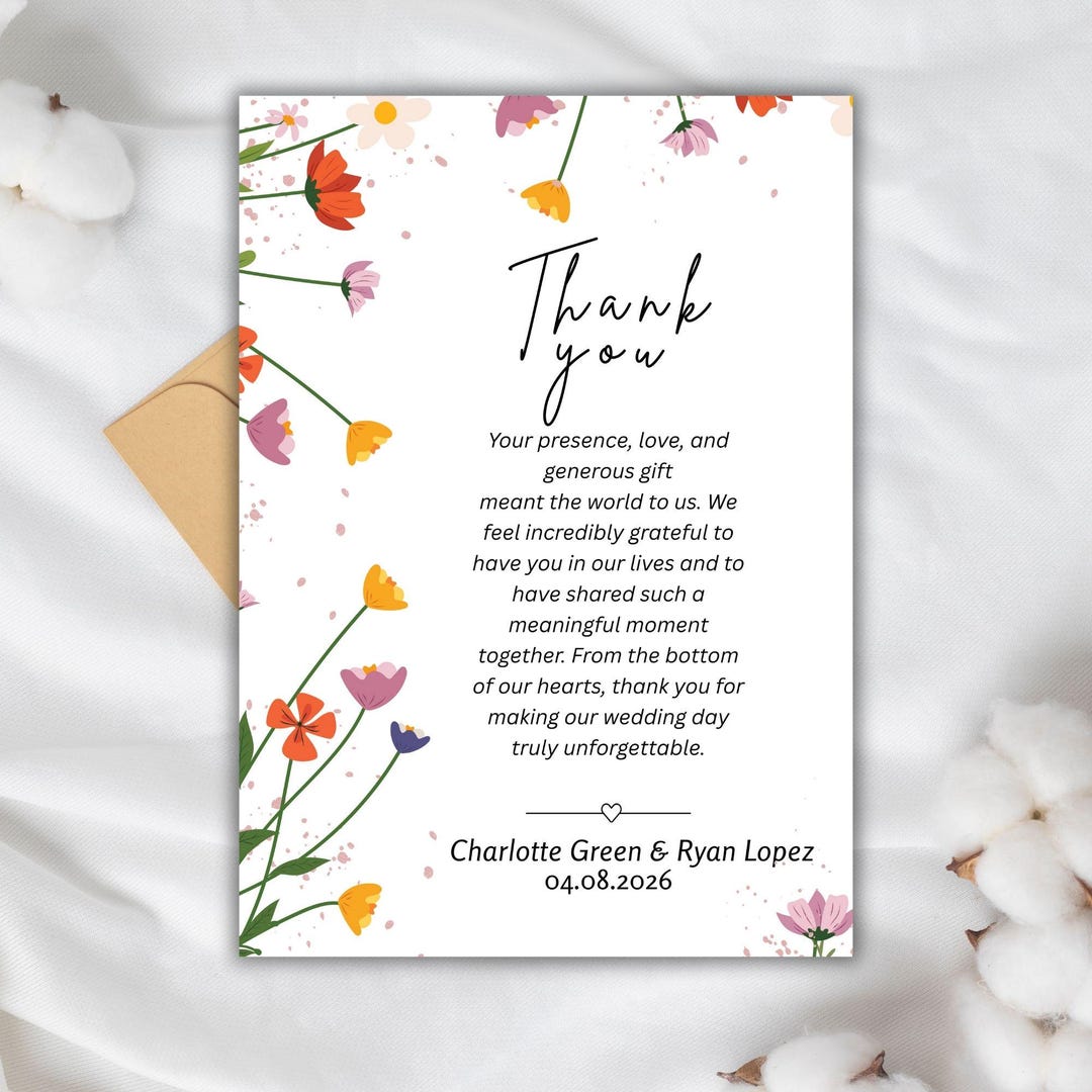 Floral Wedding Thank You Card Template | Hand-drawn Wildflowers ...