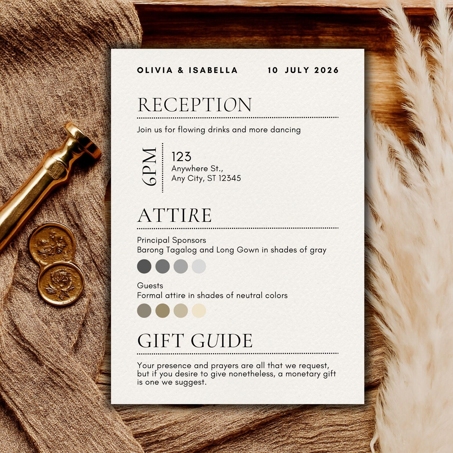 Wedding Details Card Template | Reception, Attire & Gift Guide Insert ...