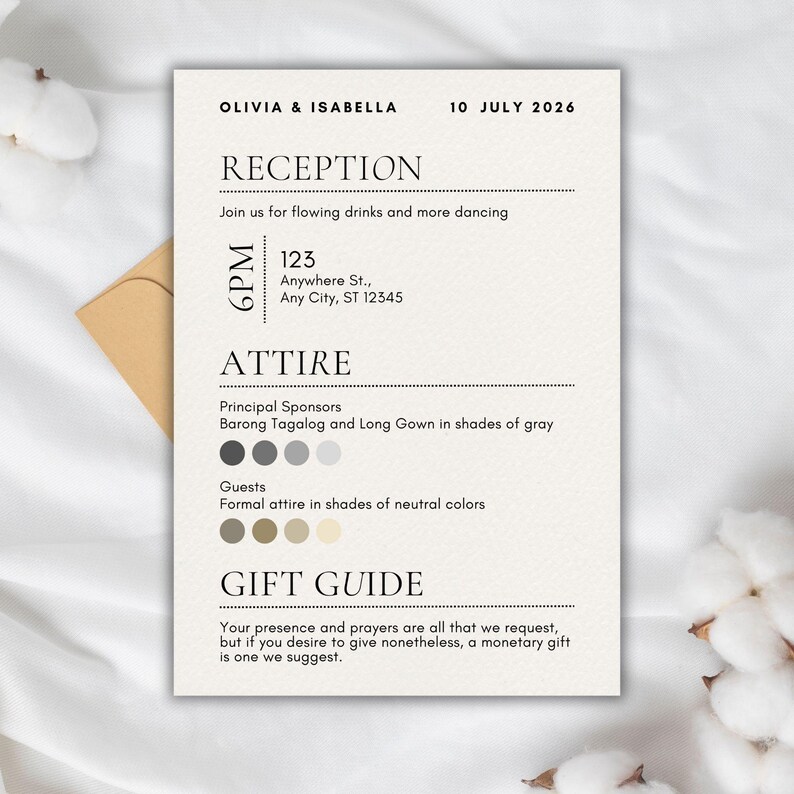 Wedding Details Card Template | Reception, Attire & Gift Guide Insert ...