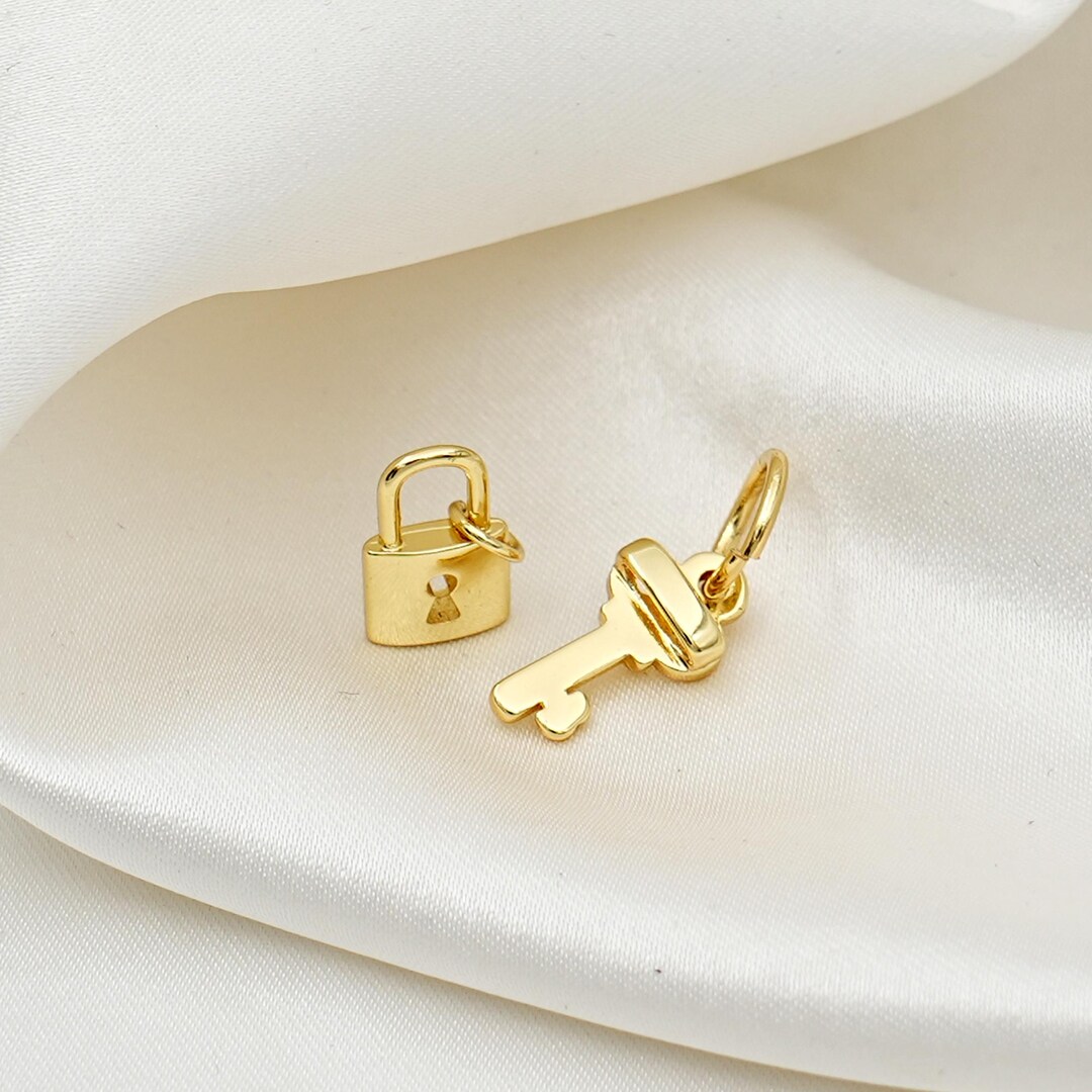 18K Gold Key Lock Charms • Mini Gold Padlock Charms • Lock Pendant ...