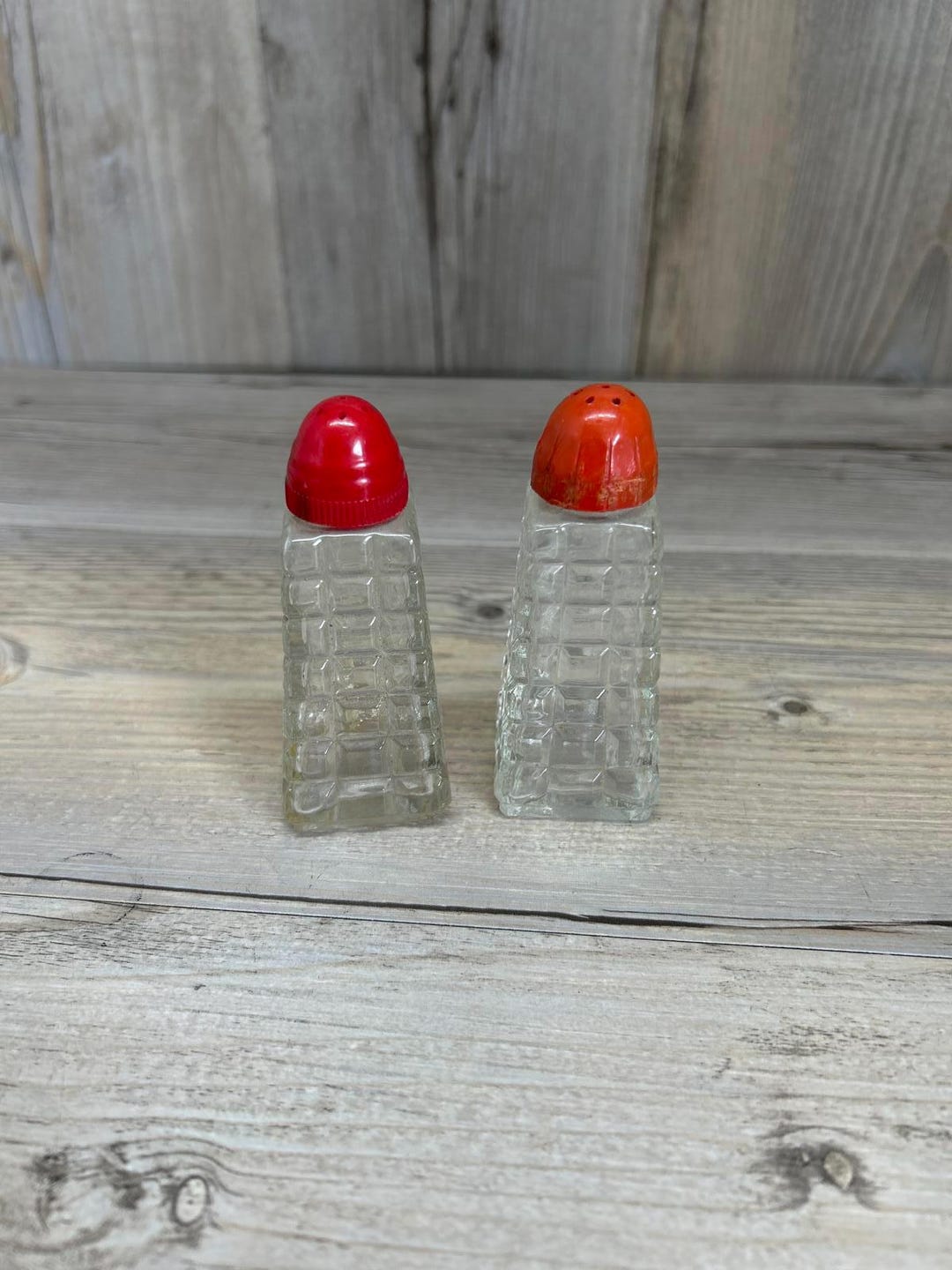 Vintage Glass Salt and Pepper Shakers With Red Caps - Etsy