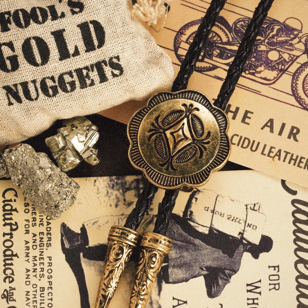 Gold Bolo Tie: Vintage Cowboy Style Brass Concho With Black Leather ...