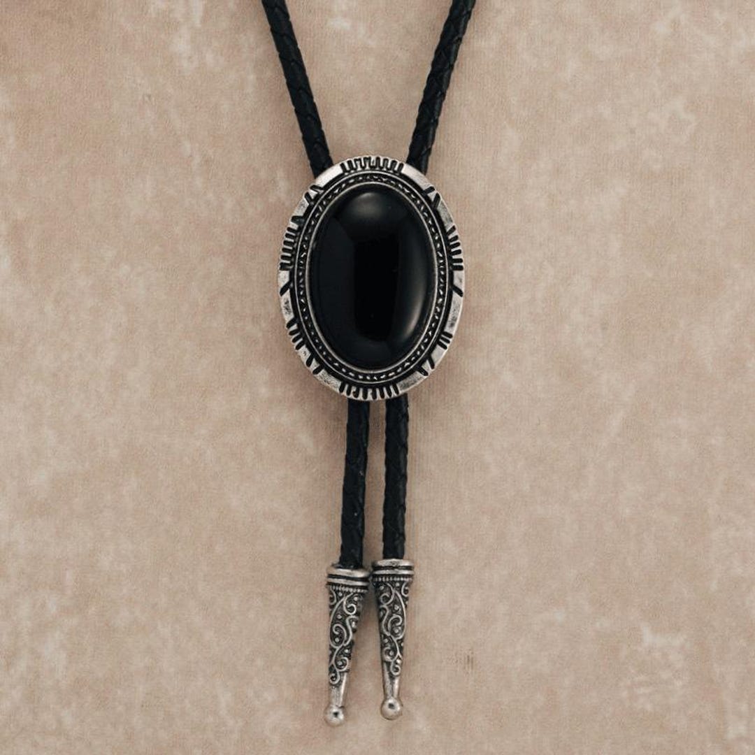 Black Bolo Tie: Western Cowboy Necktie With Silver Engraved Setting and ...