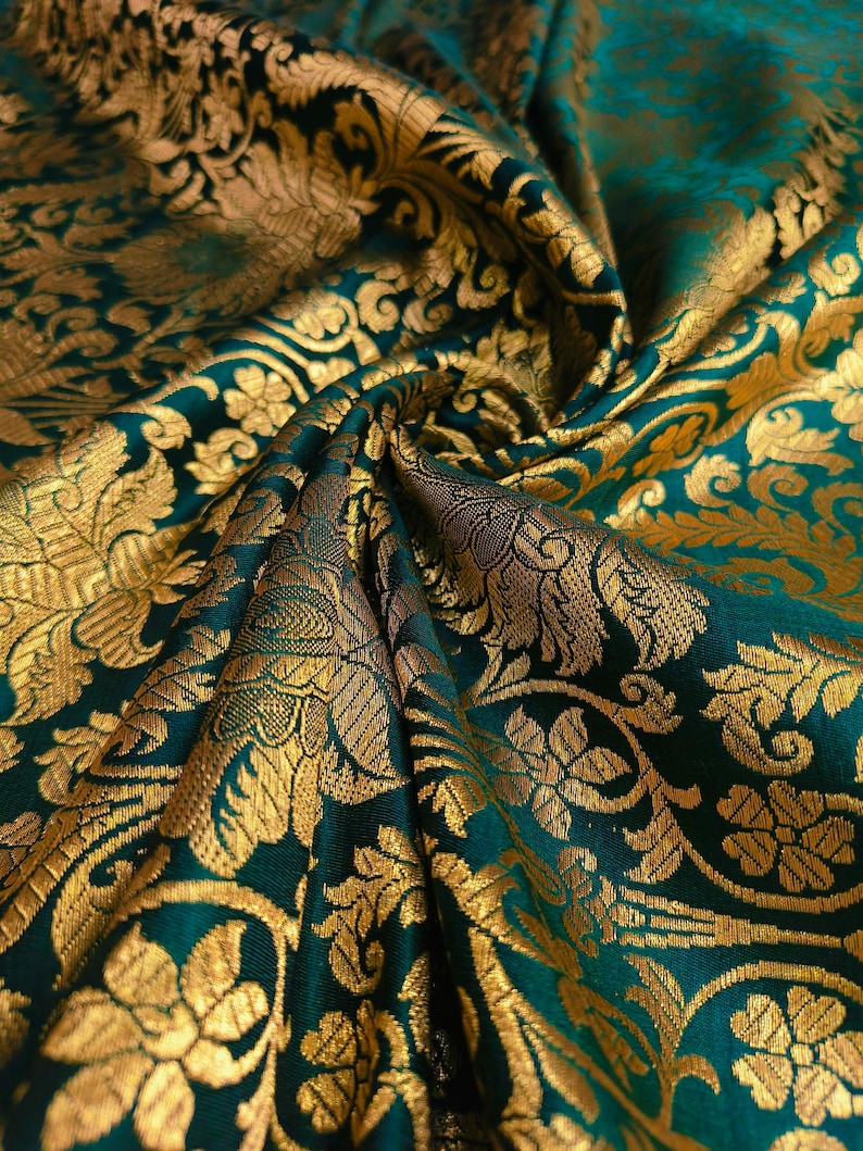 Emerald Green Silk Brocade Fabric: Gold Zari Floral Weave - Etsy