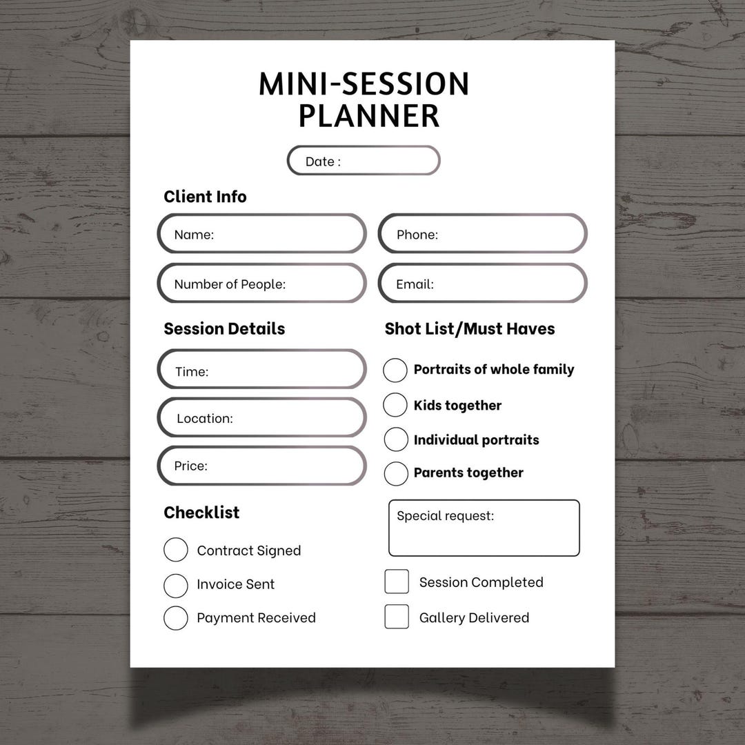 Minimalist Mini Session Planner for Photographers: Printable PDF ...