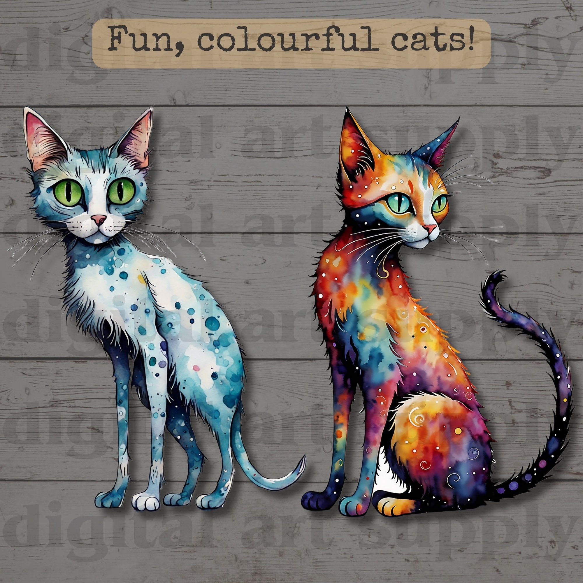 Whimsical Cat Clipart, Printable Cats PNG Files, Digital Cat Stickers ...
