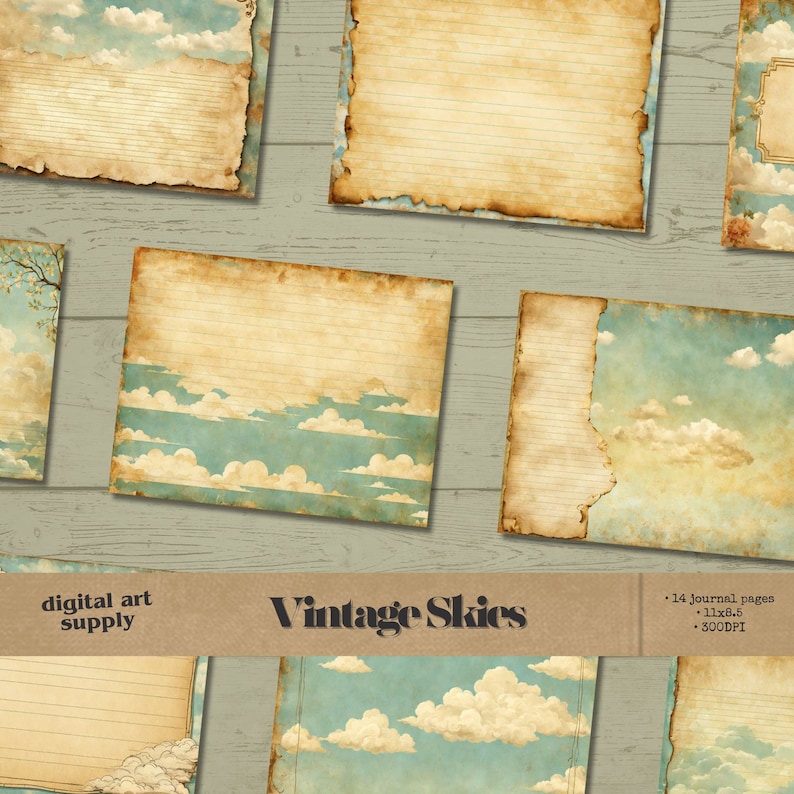 Vintage Skies Journal Pages for Junk Journals, Sky With Clouds ...