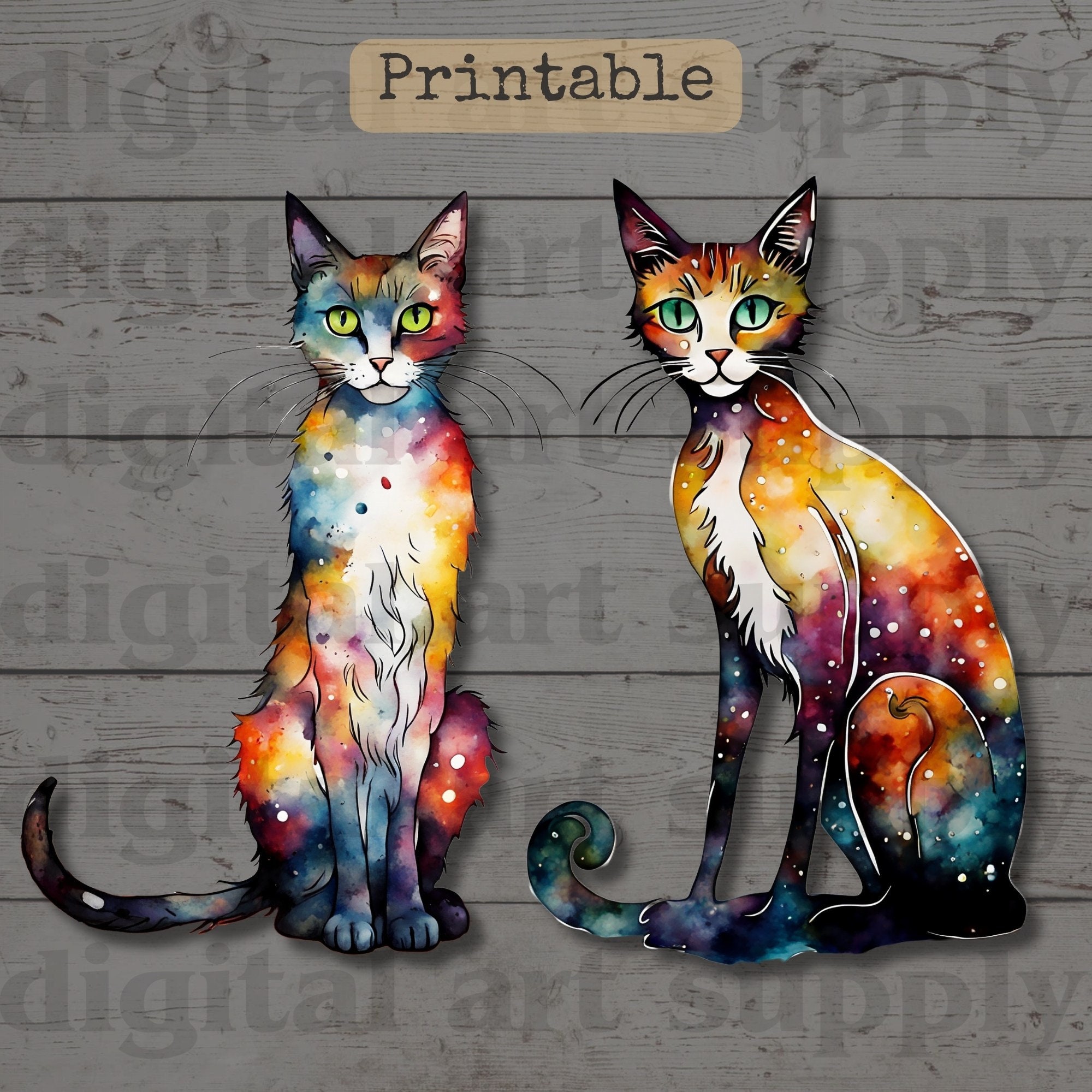 Whimsical Cat Clipart, Printable Cats PNG Files, Digital Cat Stickers ...