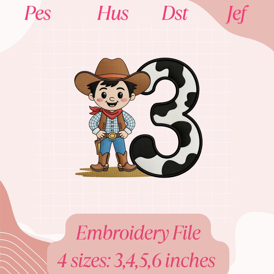 Western Cowboy Number 3 Embroidery Design, Kids Cowboy Birthday, Wild ...