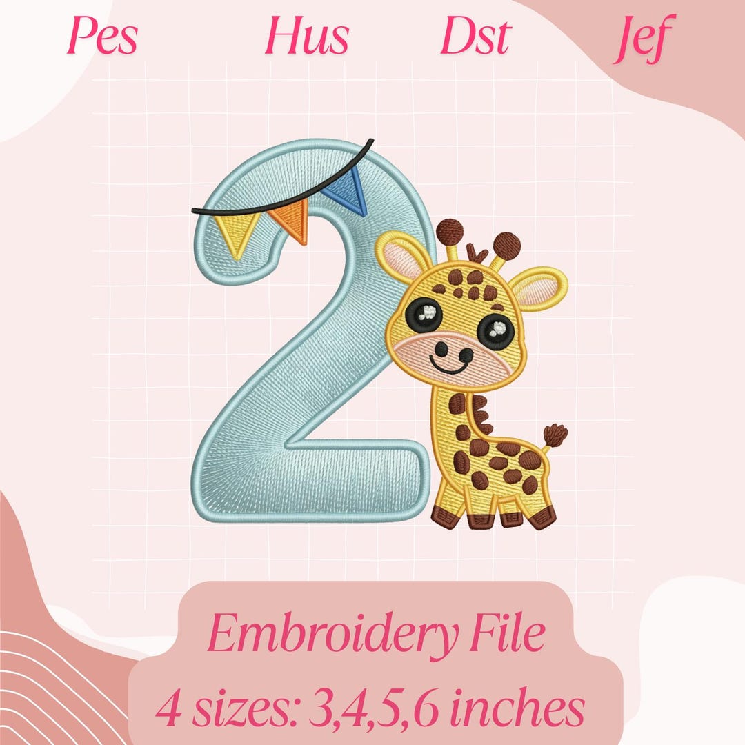 Giraffe Number 2 Embroidery Design, Jungle Safari Animal Birthday ...