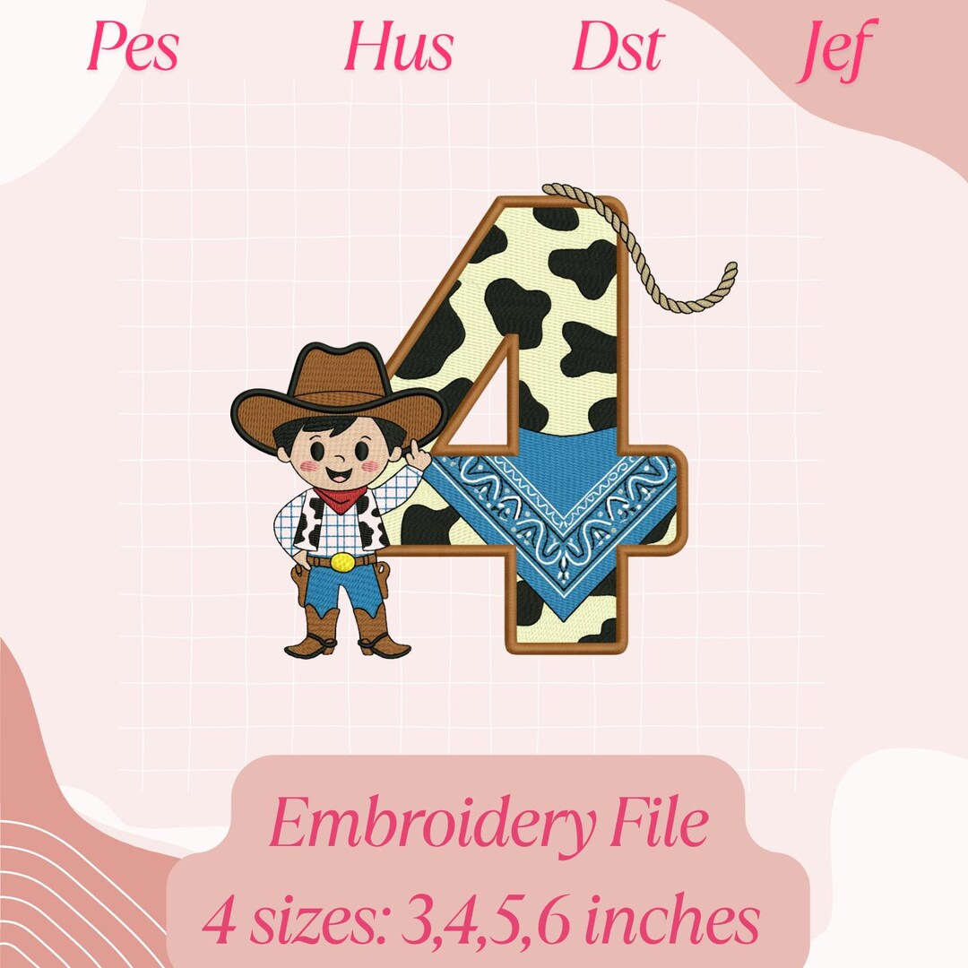 Cowboy Number 4 Embroidery Design, Western Theme Kids Birthday, Cute ...