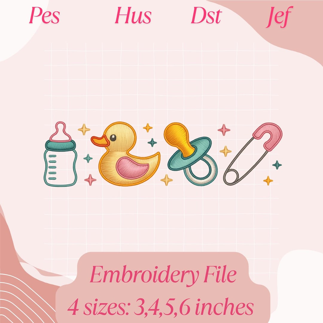 Duck Baby Embroidery Design: Pacifier, Bottle, Safety Pin (digital ...