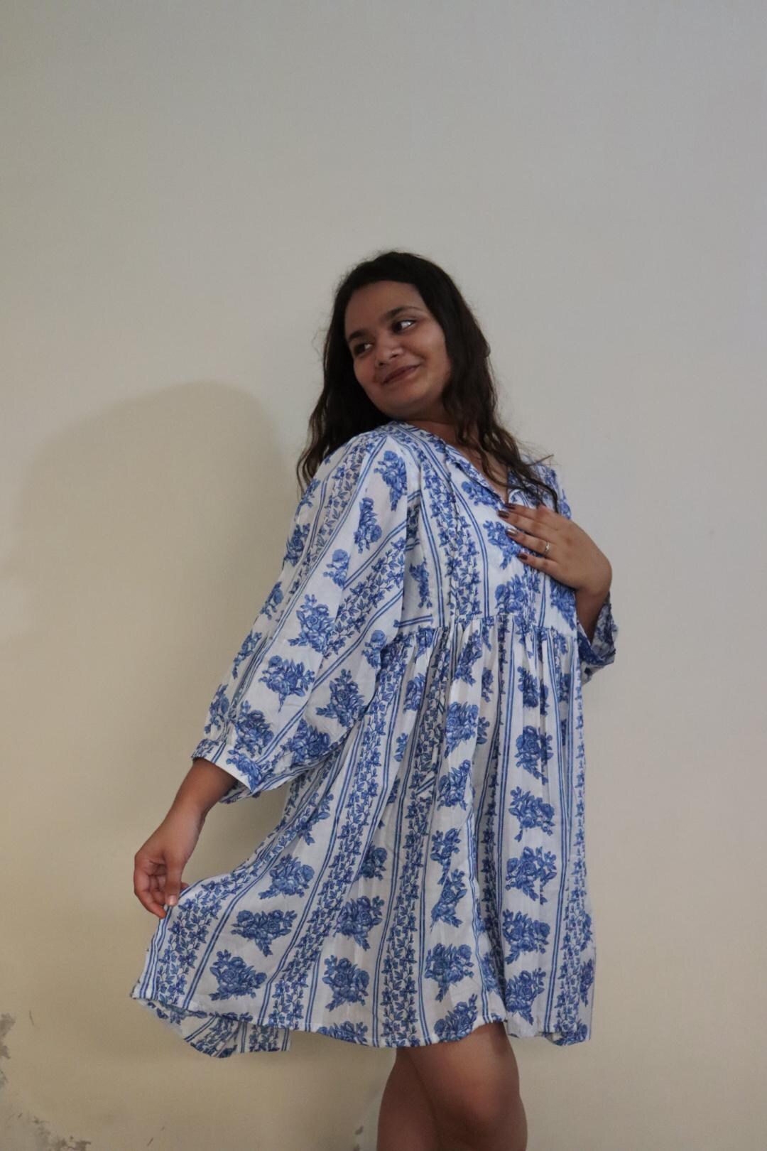 Blue Hand Block Print Mini Dress | Handmade Cotton Floral Dress ...