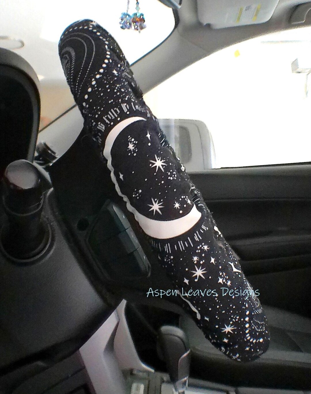 Moon and Star Steering Wheel Cover - White on Black Fabric- Celestial ...