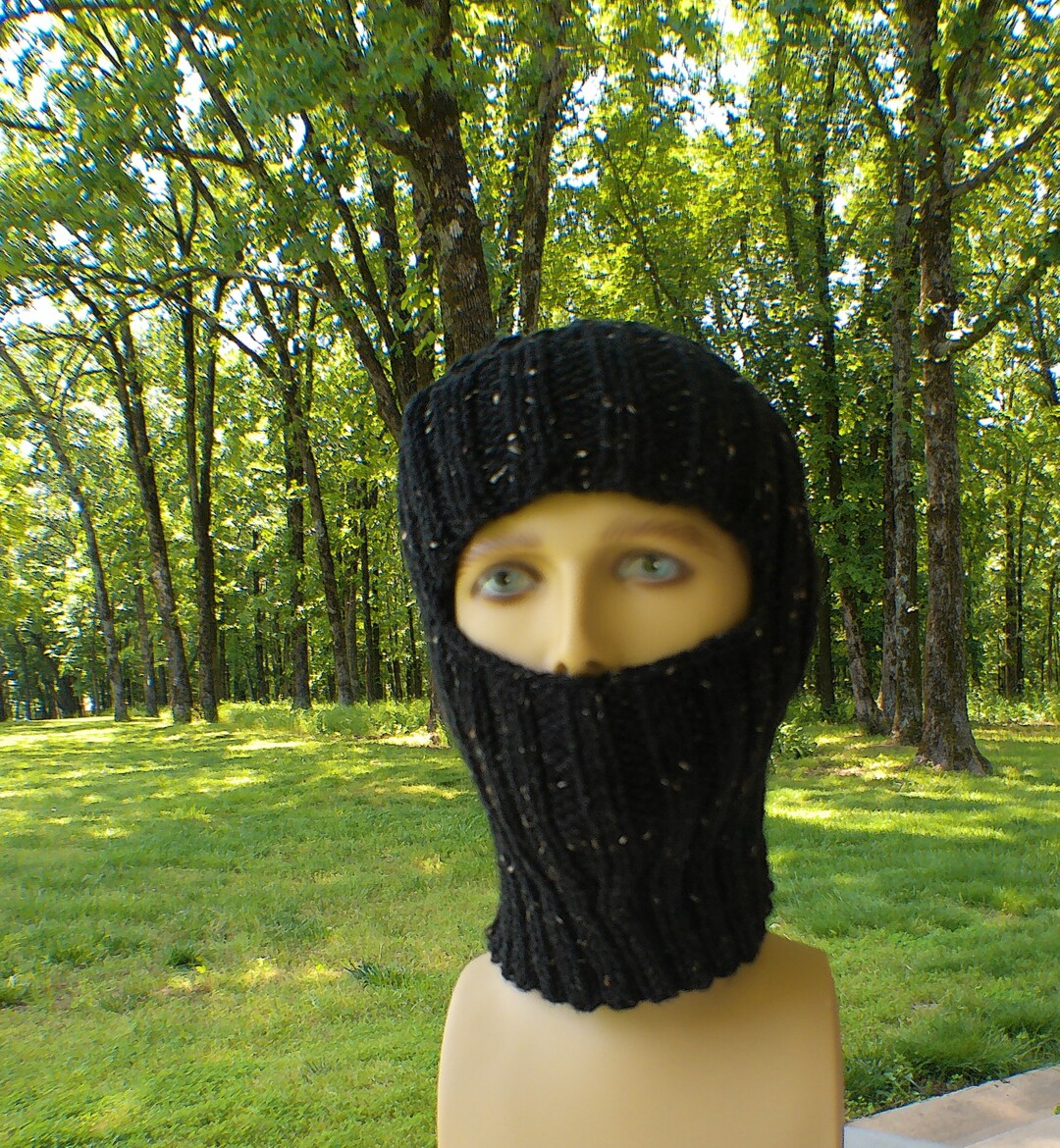 Black Balaclava Ski Mask Black Yarn With Tan Specks Hand Knit Mask ...