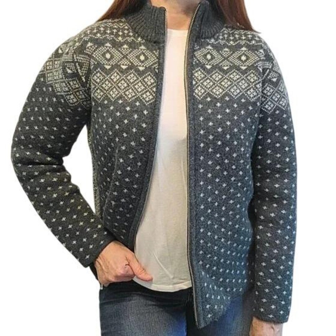 Vintage Lands' End 100% Wool Fair Isle Full‑zip Cardigan Sweater SZ L ...