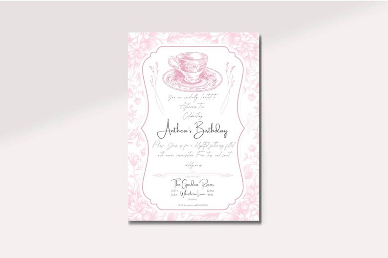 Pink Chinoiserie High Tea Invitation, Afternoon Tea, Dusty Pink ...