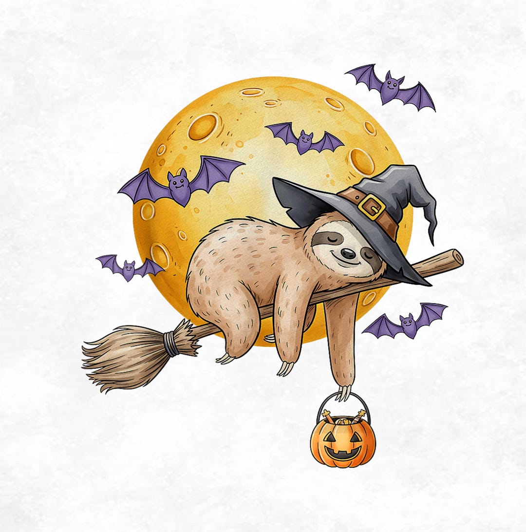 Cute Sloth Halloween Sloth Witch on Broom Funny Halloween PNG Digital ...