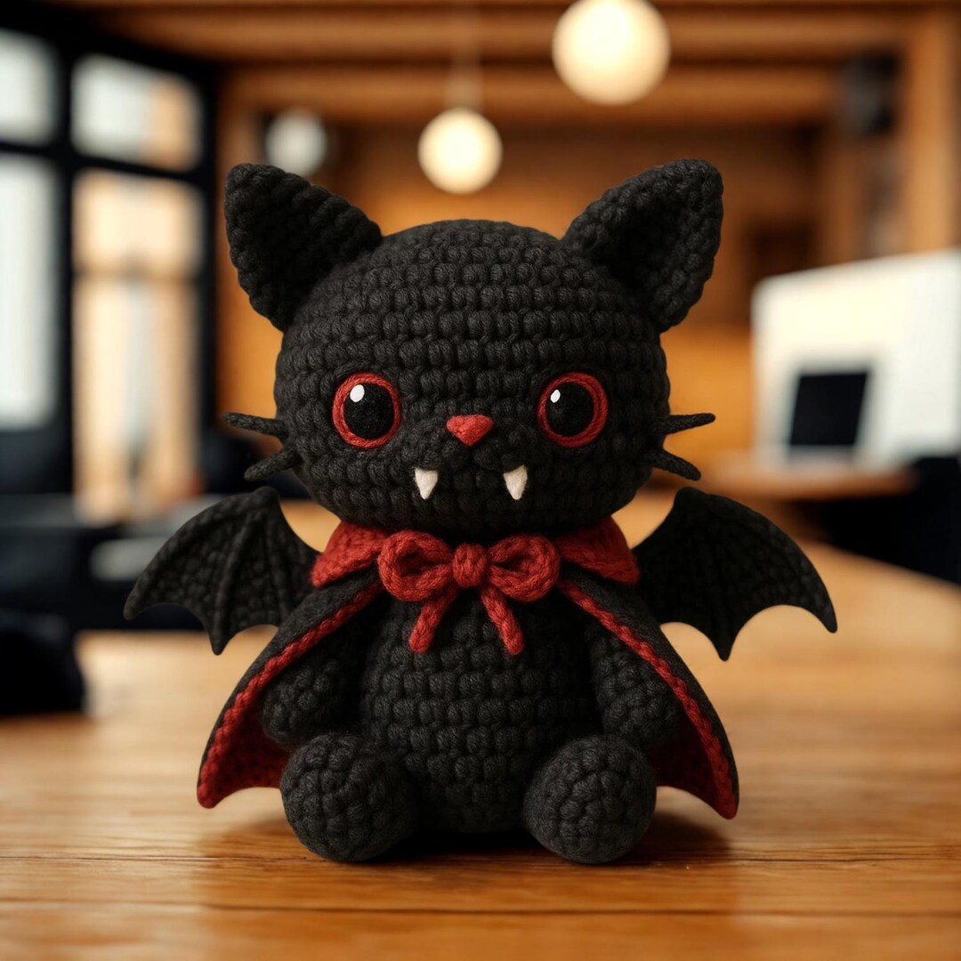Vampire Cat Crochet Plushie, Halloween Amigurumi Black Cat, Handmade ...