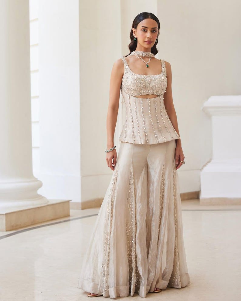 Beige Indo-western Sharara Set With Hand Embellished Corset Top ...