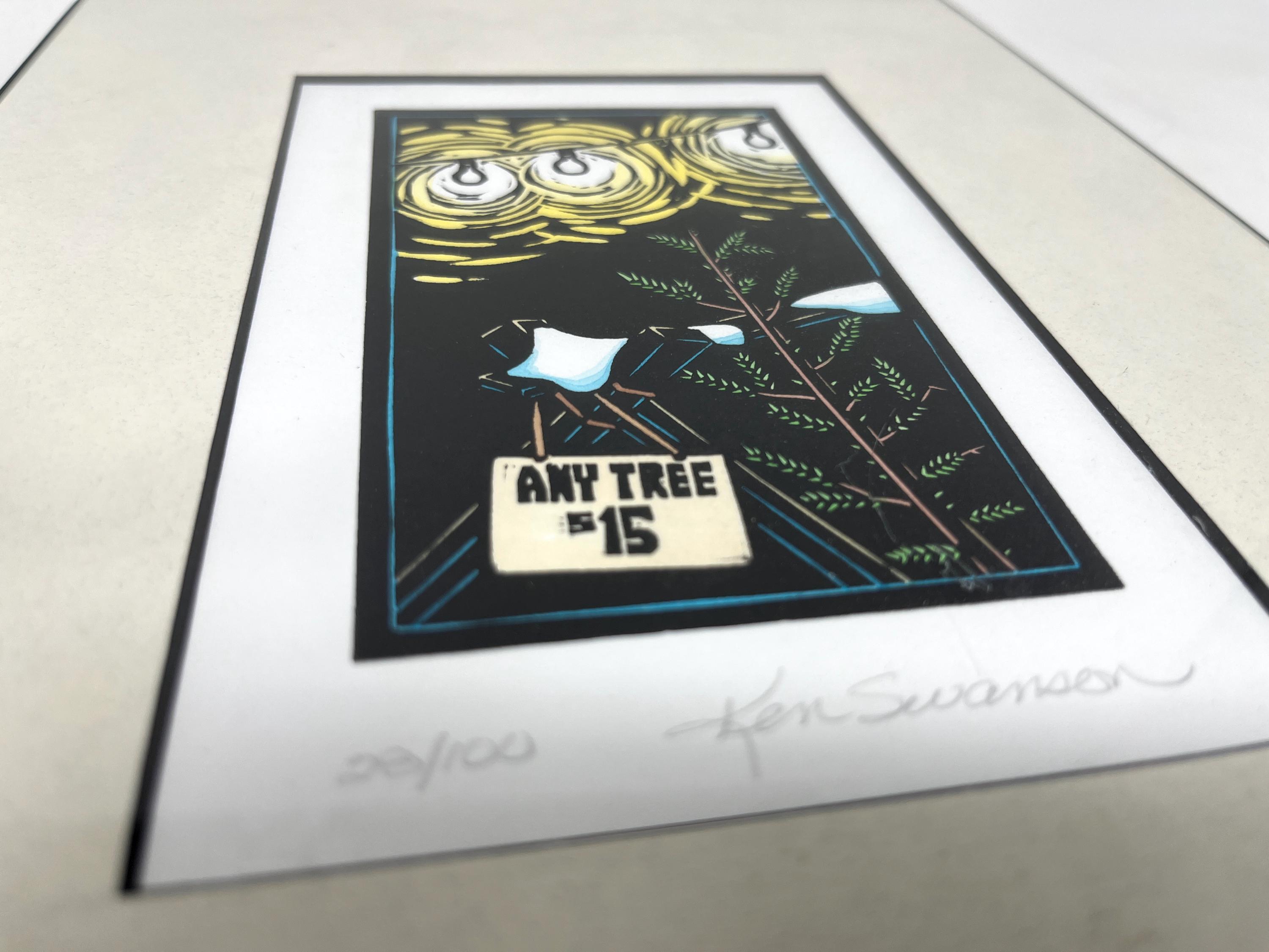 Linoleum Block Print of Christmas Tree Lot by Ken Swanson, Wisconsin ...