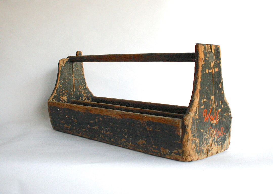 Large Vintage Black Wood Tool Caddy ... Carpenter's Box, Tool Tug ...