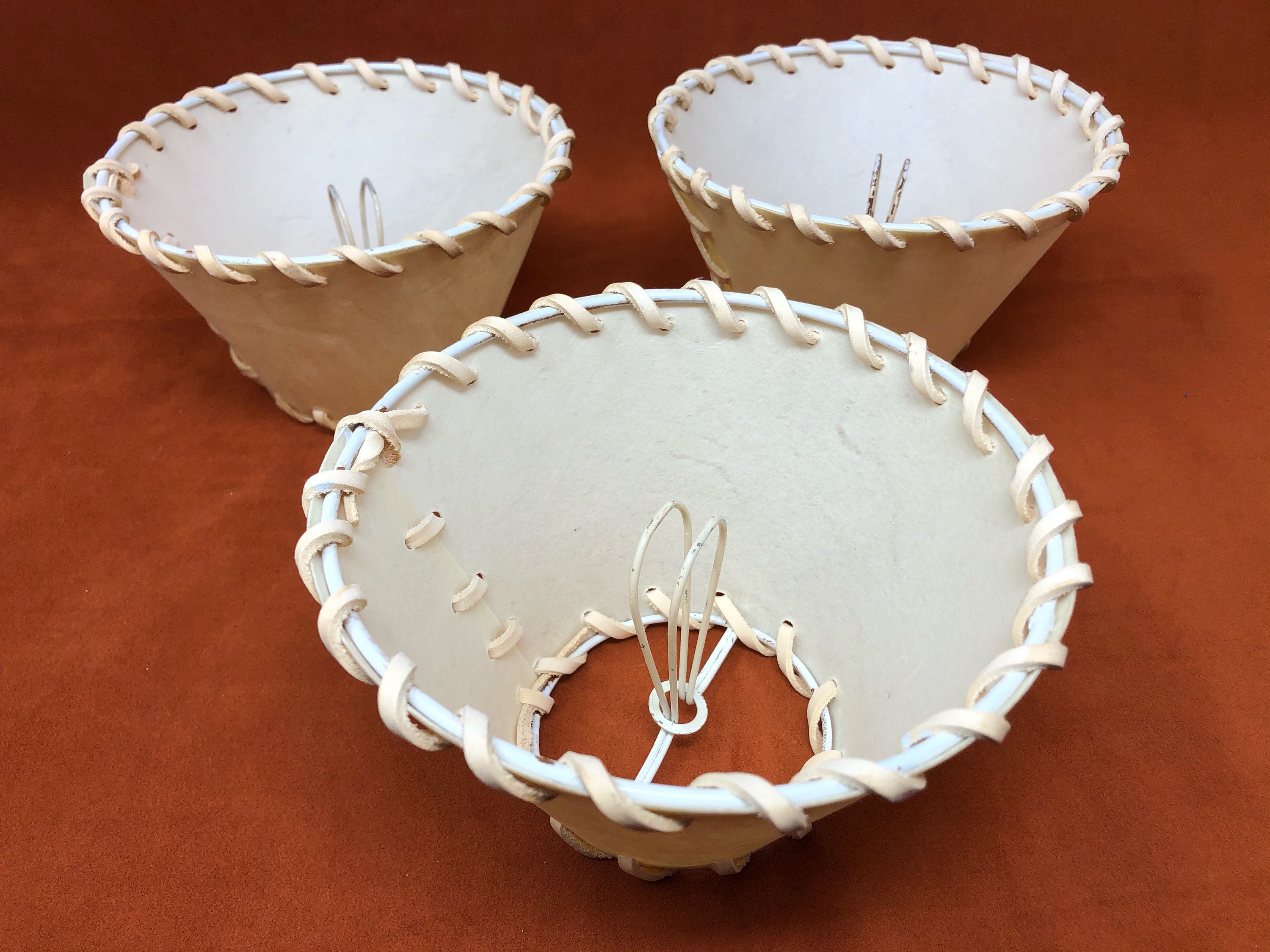 Trio Vintage Vellum and Leather Wrapped Chandelier Lampshades ... off ...
