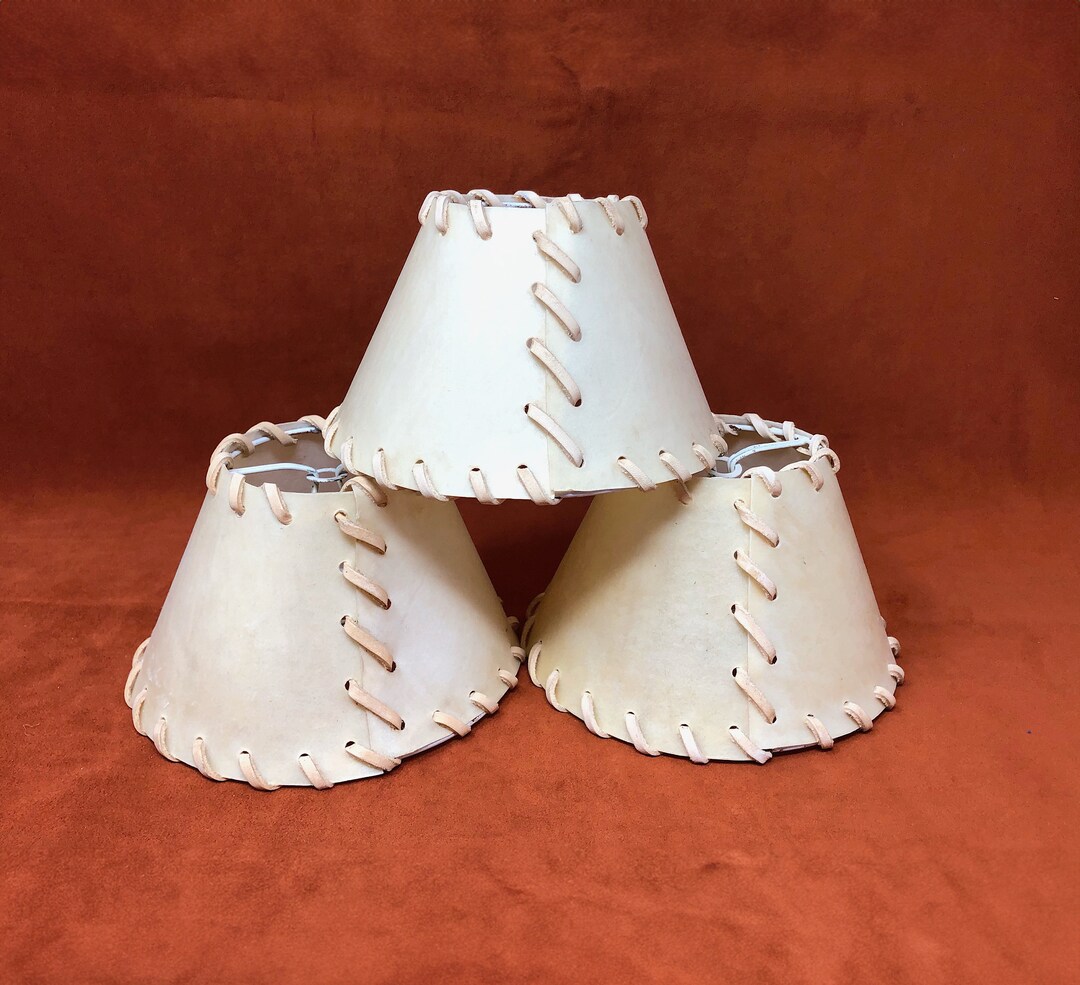 Trio Vintage Vellum and Leather Wrapped Chandelier Lampshades ... off ...
