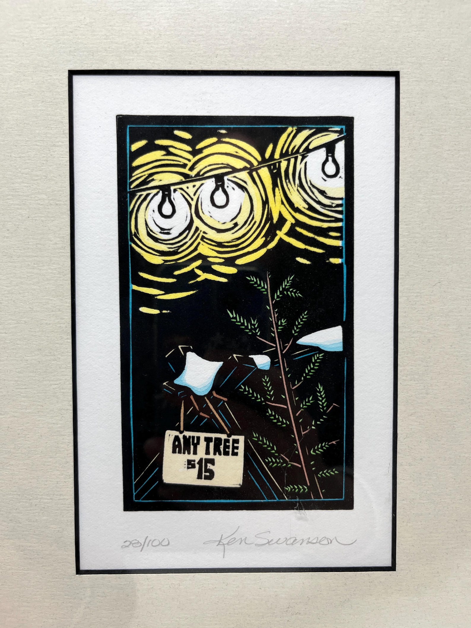 Linoleum Block Print of Christmas Tree Lot by Ken Swanson, Wisconsin ...