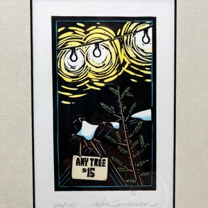 Linoleum Block Print of Christmas Tree Lot by Ken Swanson, Wisconsin ...