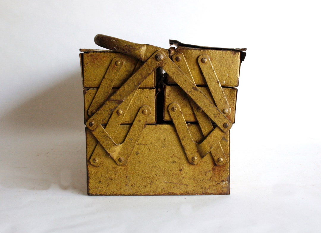 Vintage Industrial Expanding Metal Tool Box ... Painted Green Steel ...