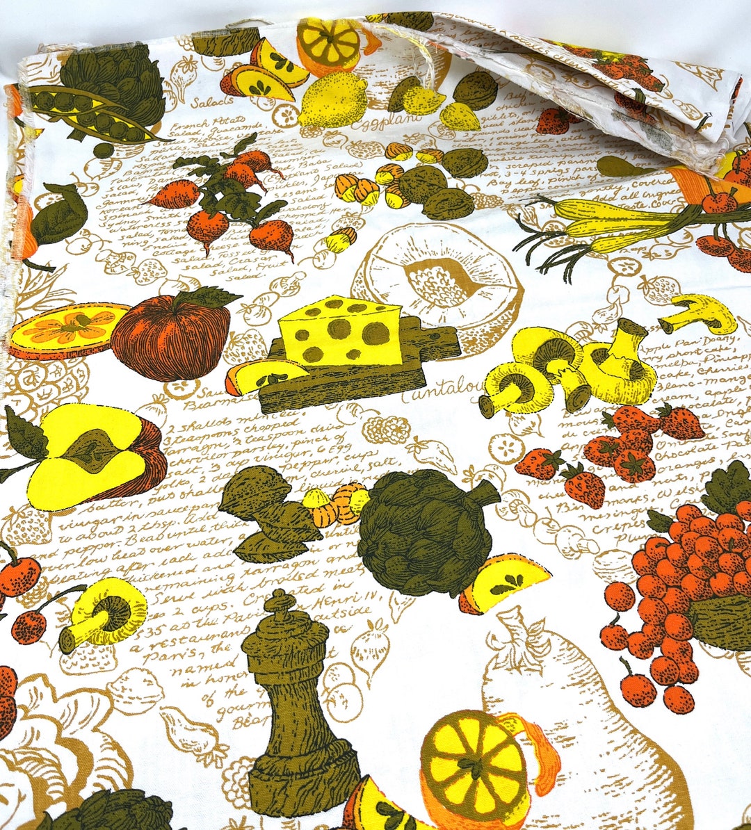 Vintage 1960s Cheese Fruit and Vegetable Cotton Print Fabric ... 22.5"w ...