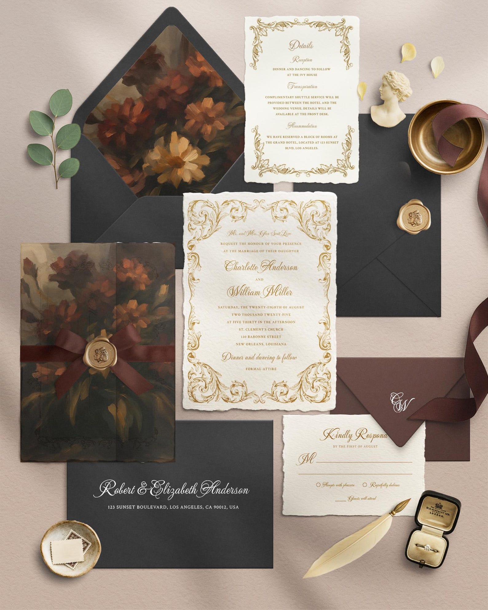 A5 & 5x7 Moody Fall Wedding Invitation Set | Charcoal / Mauve | Hand ...