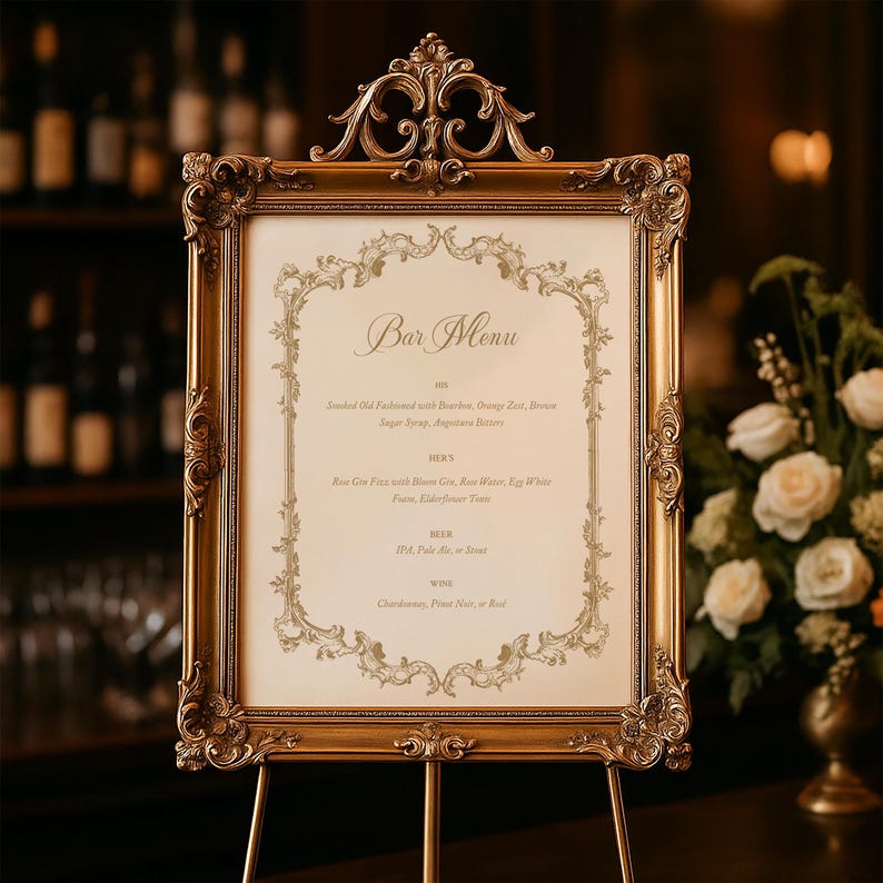 Classic Baroque Bar Sign Template, Hand-drawn Vintage Florals, Drinks ...