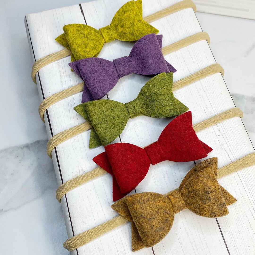 Merino Wool Felt Bow Headbands, Hair Clips, Set of 5: Newborn Baby ...