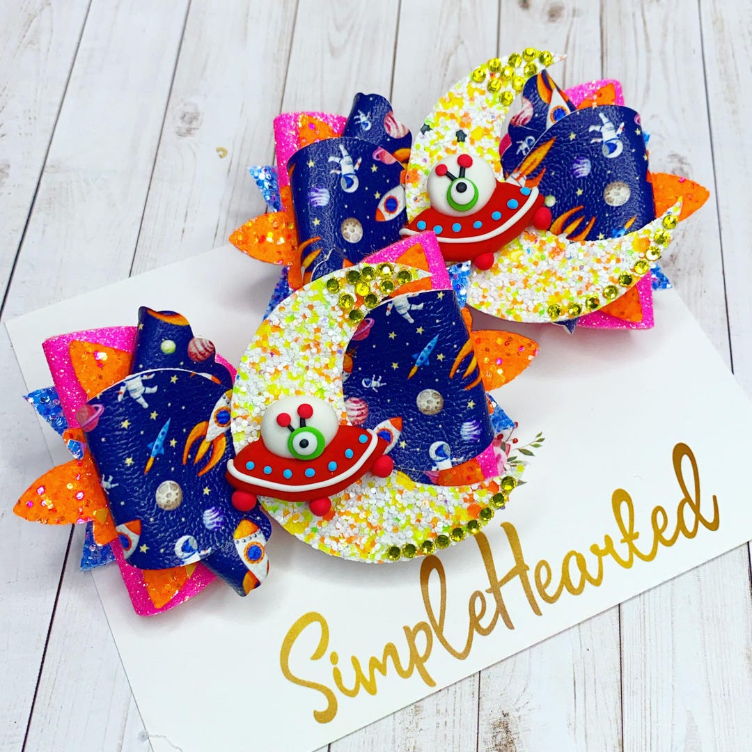 Alien Spaceship Hair Bow Pigtail Set, Girl Hair Barrette Clip Accessory ...