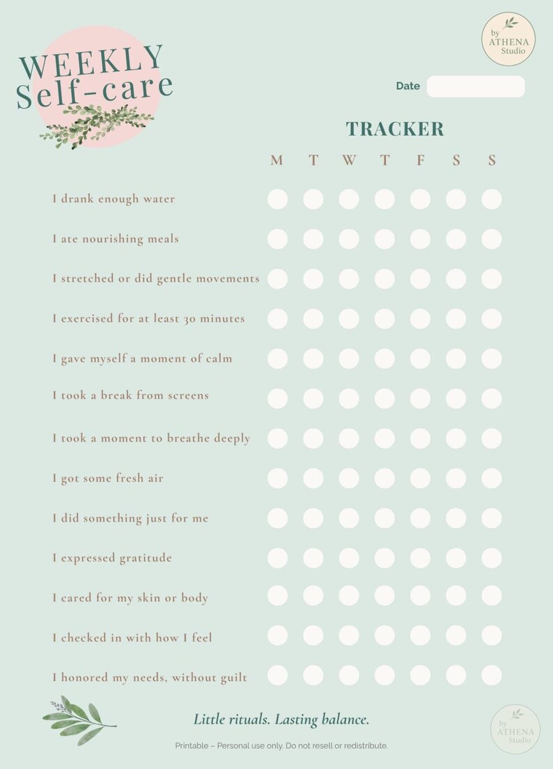 Weekly Self-care Checklist – Printable PDF | A4 + US Letter | Track Body, Mind and Emotions ...