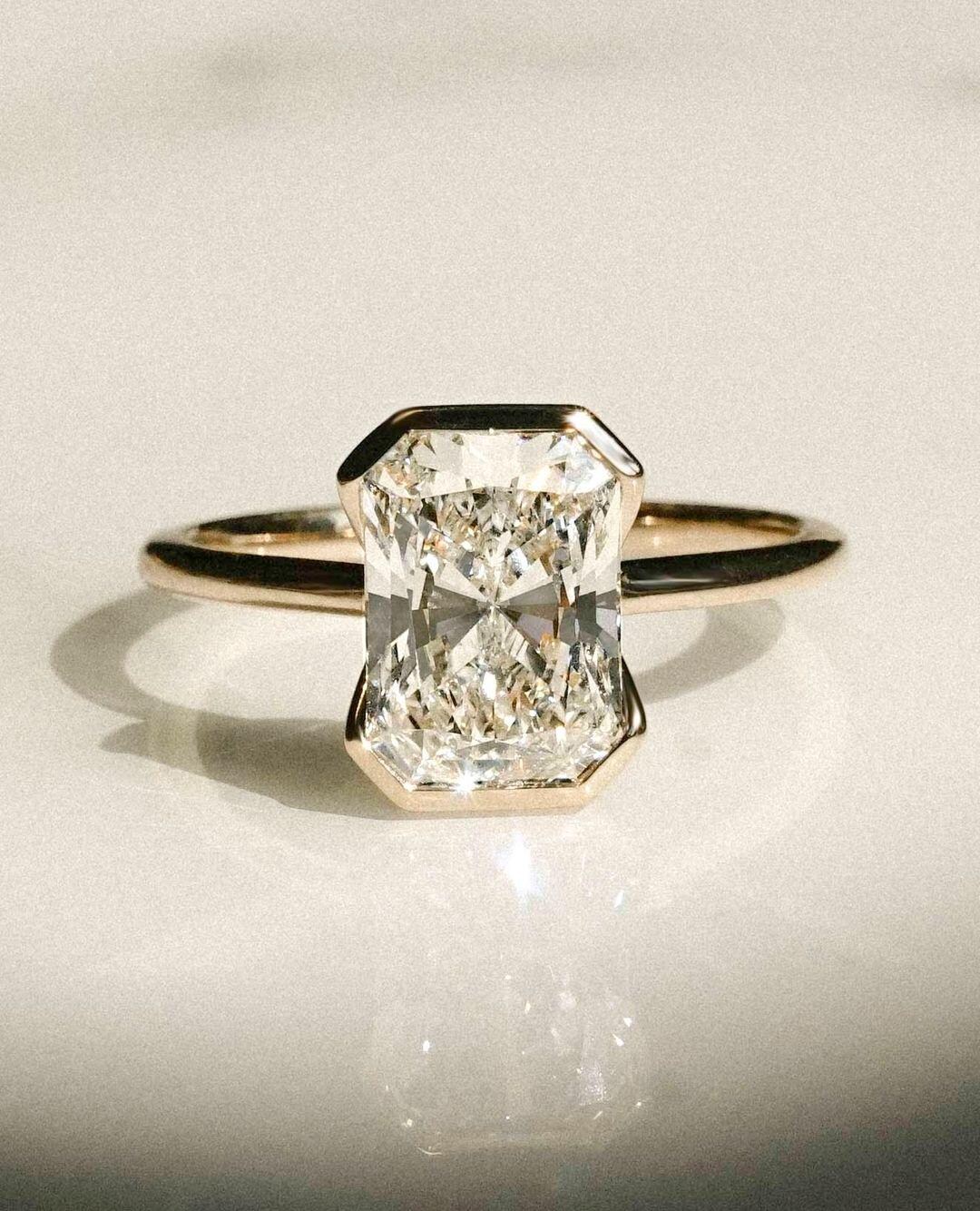 Radiant Cut Half Bezel Set Moissanite Solitaire Wedding Ring, Solid ...