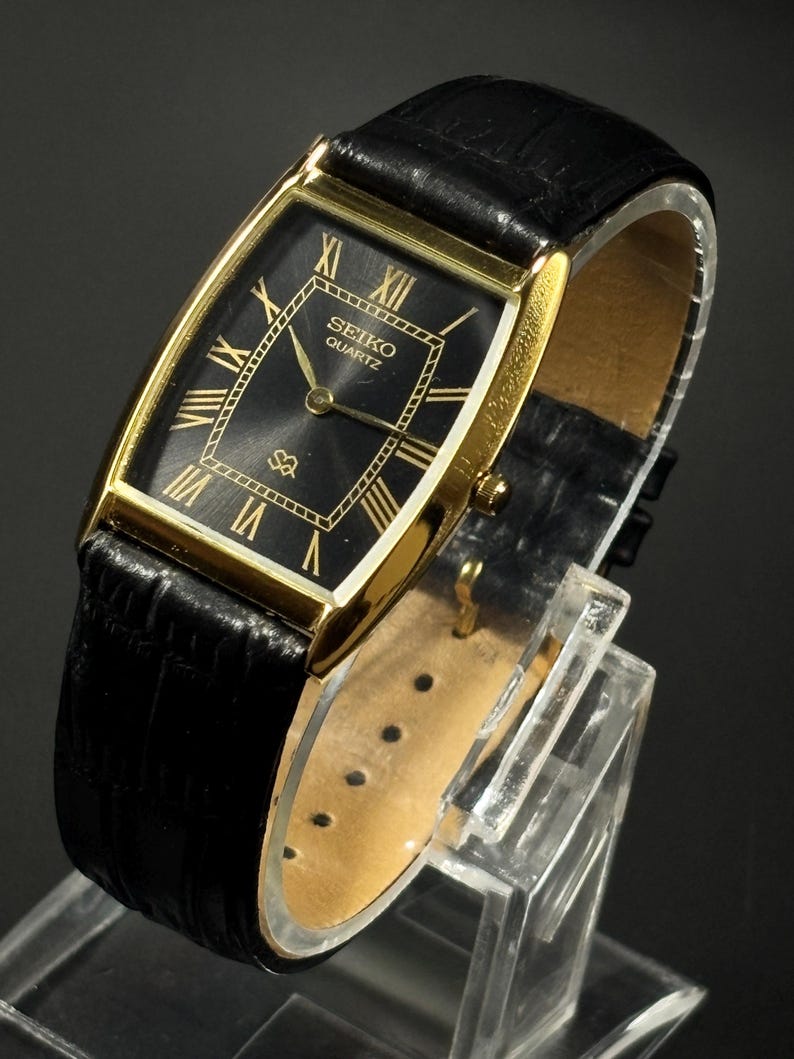 Vintage Seiko Slim Tank Watch: Golden Plated Quartz, Black Dial - Etsy